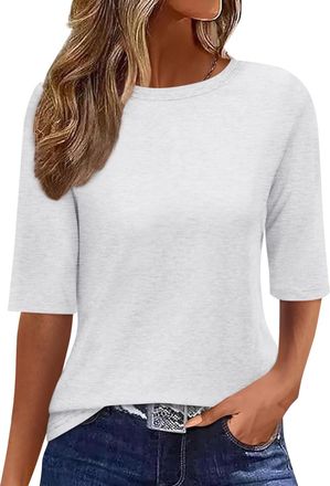 Minetom T-Shirt Damen Halbarm Rundhals Tshirt Sommer Einfarbig Oberteil Basic Shirts A Wei&szlig; XXL