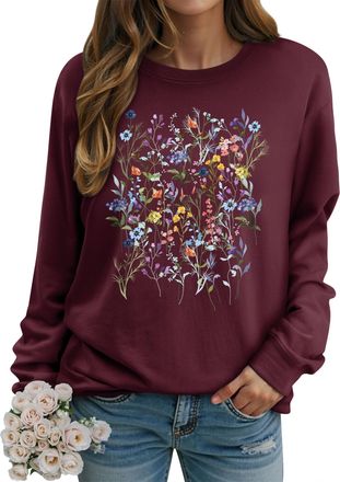 Dresswel Sweatshirt Damen Vintage Inspirierte Botanisches Blumen Druck Rundhals Langarmshirt Baumwolle Pullover Herbst Winter Langarm Oberteile Tops