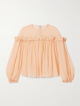 Ulla Johnson Blouse En Crêpe De Chine De Soie À Fronces Et À Volants Peggy - Orange