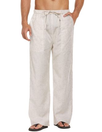 Coofandy Leinenhose Herren mit Tunnelzug Herrenhose Leicht Sommerhose Freizeithose Einfarbig Hosen mit Taschen Beige L