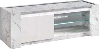 Altobuy PRAVA - Meuble TV 1 Porte 150cm Laqué Blanc et Effet Marbre avec Leds