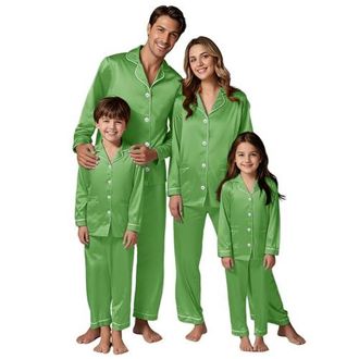 Generic Pyjama de Noël assorti pour la famille, manches longues, col à revers boutonné, vêtement de nuit en satin de soie uni avec poches, vêtements de détent