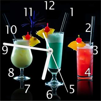 Wallario Design-Wanduhr Bunte Cocktails vor schwarzem Hintergrund aus Glas, Motiv-Uhr Gr&ouml;&szlig;e 20 x 20 cm, wei&szlig;e Zeiger