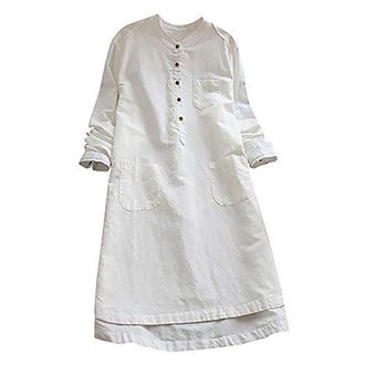 Generic Tunique longue en coton pour femme - Haut en lin &agrave; manches longues grande taille boutonn&eacute; col rond avec poche &eacute;paules tombantes - Robe l&eacute;g&egrave;re - Chemis
