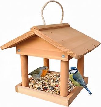 Relaxdays Vogelfutterhaus, Holz, Vogelhaus zum Aufh&auml;ngen, HxBxT: 22 x 26 x 22 cm, Garten & Balkon, Futterhaus, orange