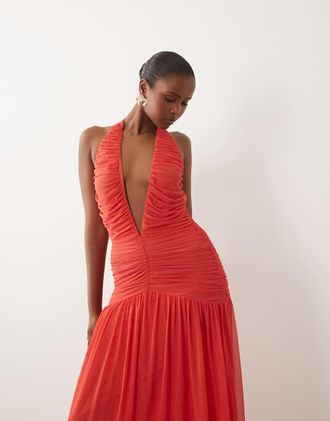 Asos Netzstoff-Maxikleid in feurigem Korallenrot mit supertiefem Ausschnitt und weitem Rock-Orange