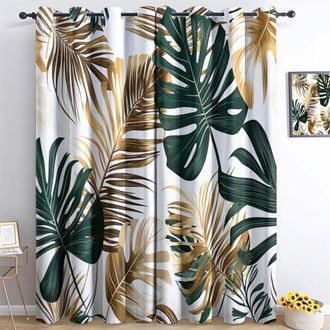 Generic Rideau Occultant, Motif Feuilles Tropicales élégantes et luxueuses - Or Vert Imprimé Lavable Rideaux à économie dénergie insonorisants et réducteurs d