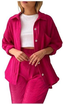 Generic Ensemble 2 pi&egrave;ces textur&eacute; d&eacute;contract&eacute; pour femme avec chemise boutonn&eacute;e et pantalon &agrave; cordon de serrage Tenue de d&eacute;tente Surv&ecirc;tement d&eacute;t&eacute; Vacances Ess