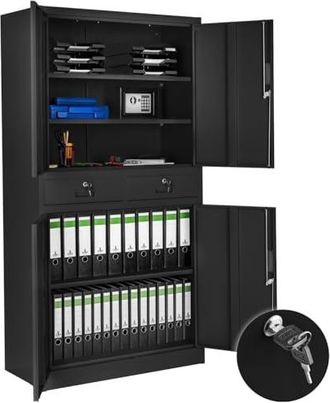 TecTake TecTake Armoire de Rangement Metal Armoire de Bureau avec Serrure 4 Portes battantes et 2 tiroirs verrouillables pour Rangement Dossier, 80 x 40 x 180
