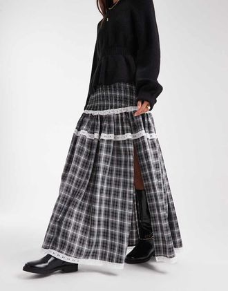 Daisy Street Jupe &agrave; carreaux longue avec fronces et taille basse - Gris