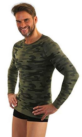 Sesto Senso Homme sous-Vêtement Fonctionnel Maillot de Corps à Manches Longues Couche de Base Camo L Vert