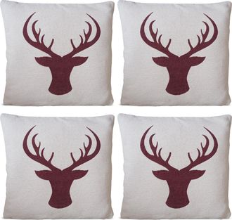 Matches 21 Kissenbezug flauschig 45x45 cm beige mit Hirsch-Kopf rot - 4er Set Kissenhüllen als Weihnachtsdeko