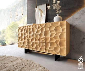 DELIFE Sideboard Solu 145 cm Eiche Natur 2 T&uuml;ren 3 Sch&uuml;be Fu&szlig; schwebend Metall Schwarz 3D-Front, Sideboards