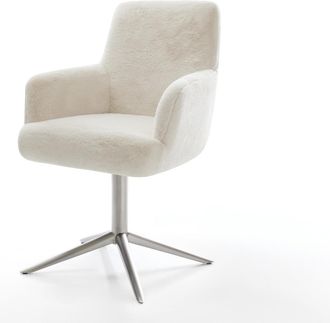 DELIFE Drehstuhl Heira-Flex mit Armlehnen Pl&uuml;sch Creme-Wei&szlig; Fu&szlig;kreuz Edelstahl 360&deg; drehbar Wippfunktion Taschenfederkern, Esszimmerst&uuml;hle