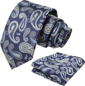 Alizeal Ensemble cravate et mouchoir en jacquard cachemire pour homme - Cravate rétro et carré de poche, 144-Bleu marine + Jaune, taille unique
