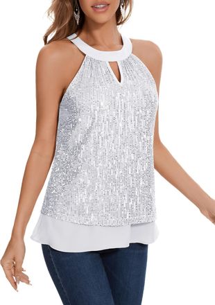 Dresstells Glitzer Oberteile Damen Party Neckholder Top Festliches Glitzershirt Silber Elegant Glitzertop Frauen Pailletten Shirt Disco Outfit Silver XL