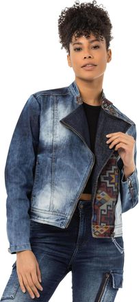 Cipo & Baxx Damen Jacke CJ228 Blau - Stylische Jeansjacke im Modernen Casual Streetwear Design mit Ethno-Muster, Rei&szlig;verschluss & Taschen - &Uuml;bergangsjacke f&uuml;r All