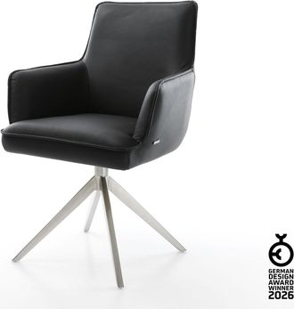 DELIFE Drehstuhl Heira-Flex mit Armlehnen Echt-Leder Schwarz Kreuzgestell breit Edelstahl 360&deg; drehbar Wippfunktion Taschenfederkern, Esszimmerst&uuml;hle