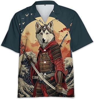 Keephen Japonais Samoura&iuml; Impression 3D Chemise Hawaiienne Femmes Hommes Guerrier Motif Chat Chemise &agrave; Boutons &Eacute;t&eacute; Vacances Chemise
