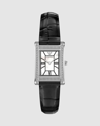 Emporio Armani Uhr mit zwei Zeigern aus schwarzem Leder in Silber