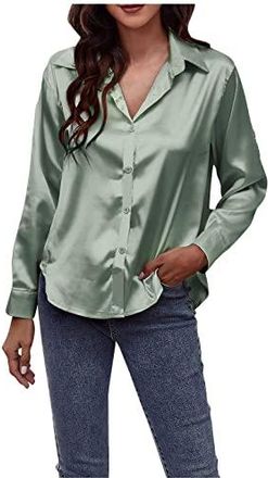 Generic Chemisier &eacute;l&eacute;gant pour femme - Chemisier en satin pour femme - Long chemisier d&eacute;contract&eacute; &agrave; manches boutonn&eacute;es - Chemisier &eacute;l&eacute;gant &agrave; col en V - Haut e