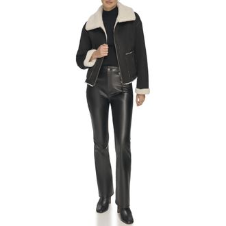 DKNY Womens Short Zip Front Faux Shearling Coat, Brown, XS