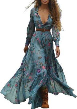ORANDESIGNE Robe Longue Retro &agrave; Col en V et Manches Longues pour Femmes Robes en Mousseline de Soie Vintage Western Country Robe D&eacute;contract&eacute;e dautomne G Bleu XXL