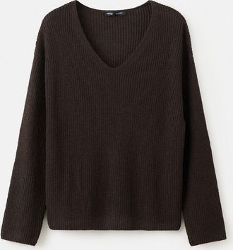 Mango Pull-over maille ajour&eacute;e col V chocolat - Femme - XXS - MANGO