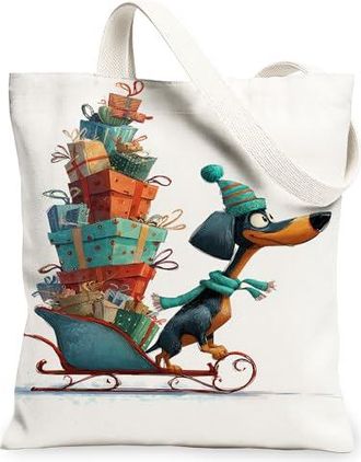 Generic Sac fourre-tout en toile pour chien de No&euml;l, motif animal festif, sac r&eacute;utilisable, amusant, l&eacute;ger, lavable, bandouli&egrave;re en toile, blanc, 13x15 Inch