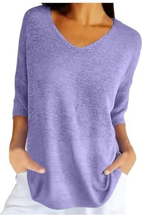 Generic Pull décontracté à manches 3/4 pour femme - Col en V - Pull ample en tricot - Pull dautomne - Patch de chemise, violet, XL