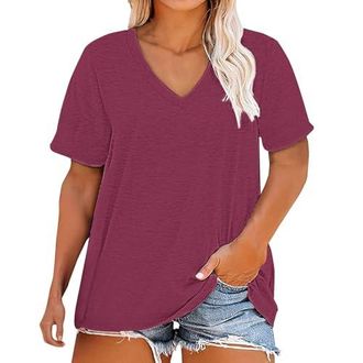Generic Hauts pour femmes, col rond, manches courtes, t-shirt d&eacute;t&eacute; grande taille, t-shirts unis d&eacute;contract&eacute;s, Col en V Bordeaux, L