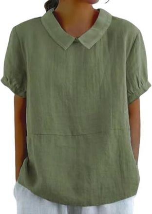 Generic Hauts d&eacute;t&eacute; pour femmes, chemises d&eacute;t&eacute; 2025 en coton et lin, jolies chemises d&eacute;t&eacute; &agrave; manches courtes, tunique d&eacute;contract&eacute;e &agrave; col, vert olive, 3XL