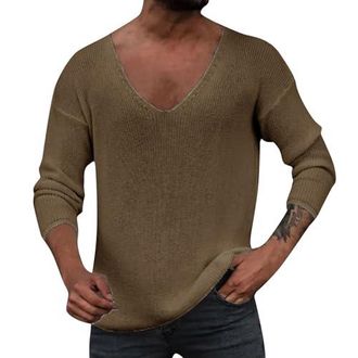 Generic Sweatshirts pour hommes col en V pull tricoté laine mélangée pull manches longues pull tops automne épaule tombante vêtements, café, 3XL