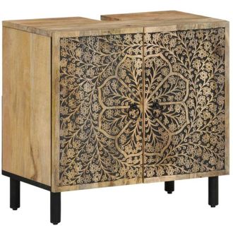 vidaXL Vidaxl - Meuble bas de salle de bain en bois massif de manguier - Dimensions 62 x 33 x 58 cm - Fixation murale incluse - Design r&eacute;tro avec motifs