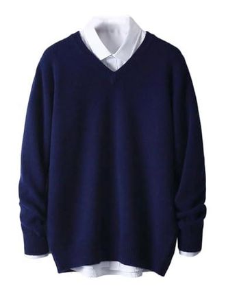 Generic Pull ample en laine mélangée à col en V pour homme, noir foncé, M