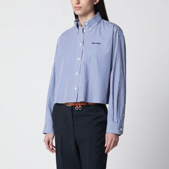 Miu Miu Wei&szlig;/kobaltblau gestreifte Cropped-Hemd mit Logostickerei