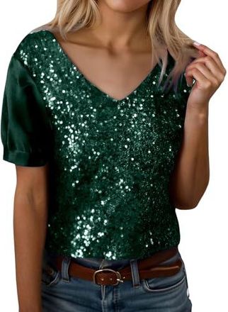 Generico Chemisier &agrave; paillettes avec col en V Grandes tailles - Haut brillant &eacute;l&eacute;gant &agrave; manches courtes et paillettes - Haut pour f&ecirc;tes et cocktails - Haut bri