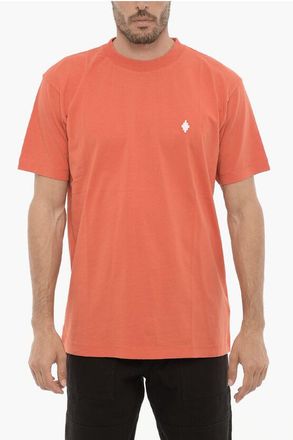 Marcelo Burlon Einfarbiges Rundhals-T-Shirt mit Kreuzstickerei in Orange