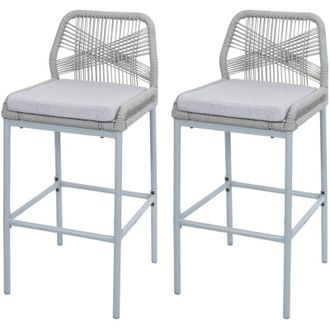 Hhg jamais utilisé] Lot de 2 tabourets de bar Rope 988, Outdoor assise rembourrée corde tressée métal, gris clair, coussin gris clair