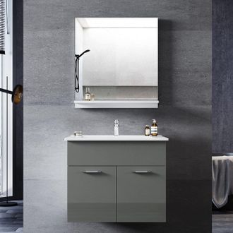 Sonni Badmöbel Set mit Waschbecken mit Unterschrank und Spiegel Badezimmermöbel 2-teilig 60cm Hochglanz