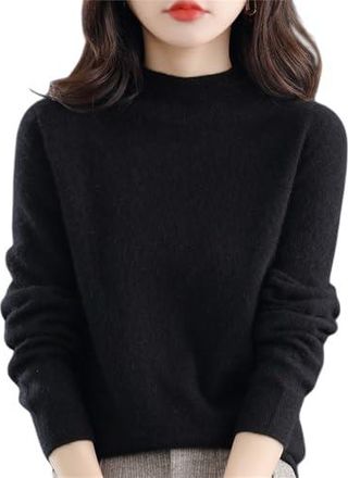 Generic Pull en laine pour femme, col rond, manches longues, pull en laine, ample, couleur unie, pull chaud, haut décontracté pour lautomne, Noir, L