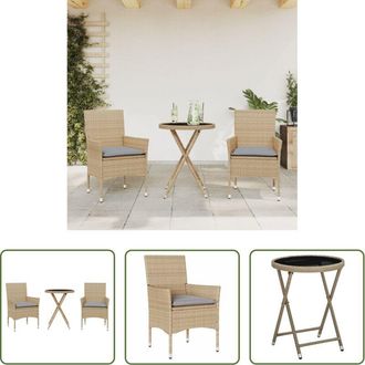 vidaXL Bistro-Set - 3-tlg. Bistro-Set mit Kissen Beige Poly Rattan und Glas