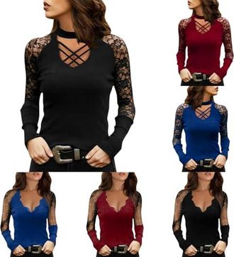Generic Haut Dentelle Femme Col V Ajour&eacute;, Tunique Chic Et Elegant Slim Fit &Eacute;Paules D&eacute;Nud&eacute;Es Y2K Top, T Shirt &agrave; Manches Longues Femmes Grande Taille, D&eacute;Contrac