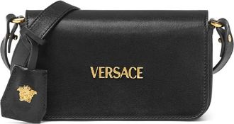 Versace Femme, Sacs, Noir, Taille: ONE Size Sac Bandouli&egrave;re en Cuir Noir avec Logo Dor&eacute;