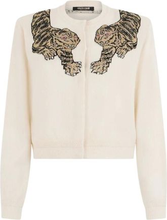 Roberto Cavalli Femme, Pulls, Beige, Taille: 42 FR Wool Cardigan with Tiger Embroidery