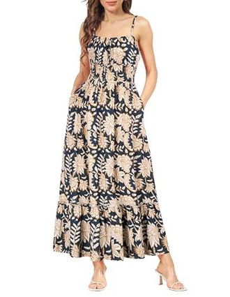 Grace Karin Robe Femme A-Ligne sans Manches Dos Nu de Plage Casual &Eacute;t&eacute; Robe de Cocktail Motif Floral pour Femme &agrave; la Plage S Fleurs Beige sur Bleu Fonc&eacute;