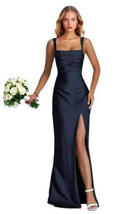 Generic Robe de demoiselle dhonneur en satin pour femme - Robe de bal sir&egrave;ne - Bretelles spaghetti - Corset long pliss&eacute; - Robe de soir&eacute;e formelle avec fente, 