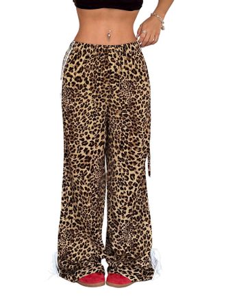 SOLY HUX Damen Hosen Lang Y2K Freizeithose Leoparden Sweathose Elastischer Taille Sporthose Casaulhose Locker Hosen Herbst Outfit Leoparden M