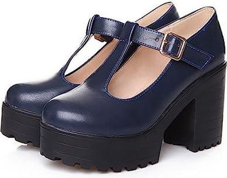 Generic Bottes Mary Jane à talon haut sans talon pour femme avec sangle de cheville - Bout rond - Chaussures à talons hauts pour filles, bleu, 42 EU