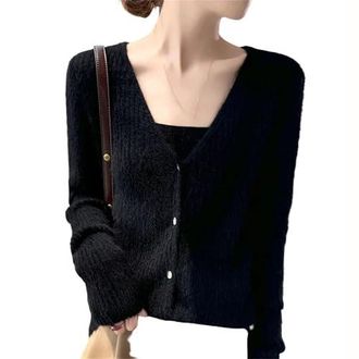 Generic Cardigan dhiver en cachemire et vison pour femme - Col en V - Base polyvalente, Noir/blanc, XS